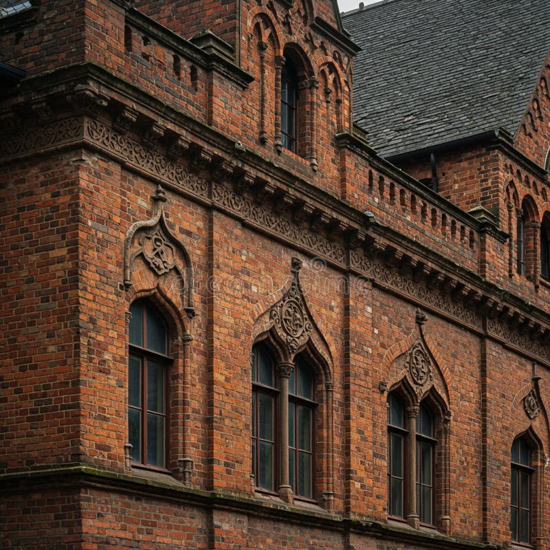A Red Brick Building Exhibits Gothic Architectural Elements. the Facade ...