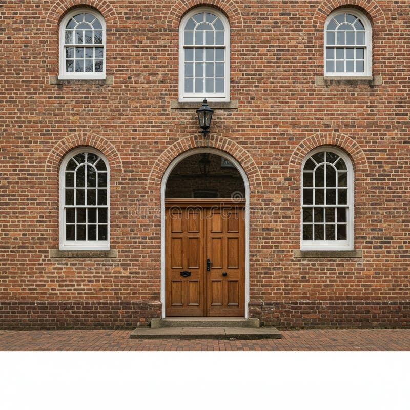 Red-brick Building Facade Featuring a Symmetrical Arrangement of Six ...