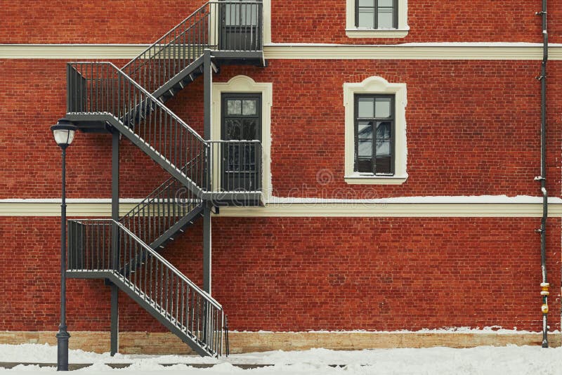 Red Brick Building. Staircase, the Facade of the Building. Fire Exit ...