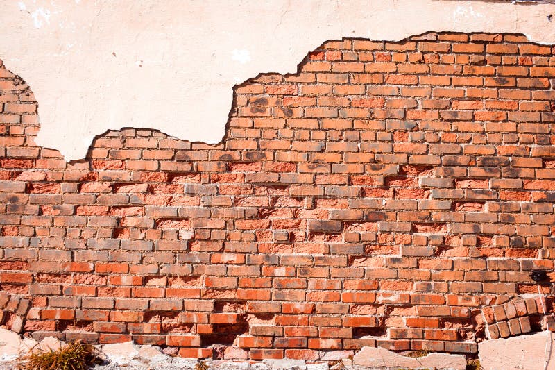 Red Brick Chipped Broken Texture Wall with Missing Plaster Background ...