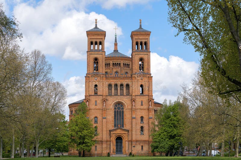 Red brick church in spring stock image. Image of kreuzberg - 91415349