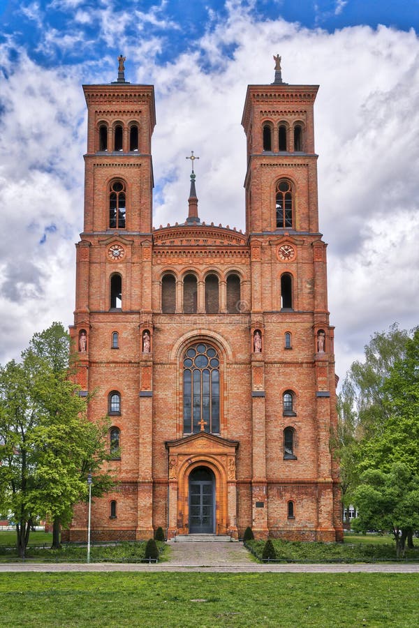 Red brick church in spring stock photo. Image of symmetry - 91415388