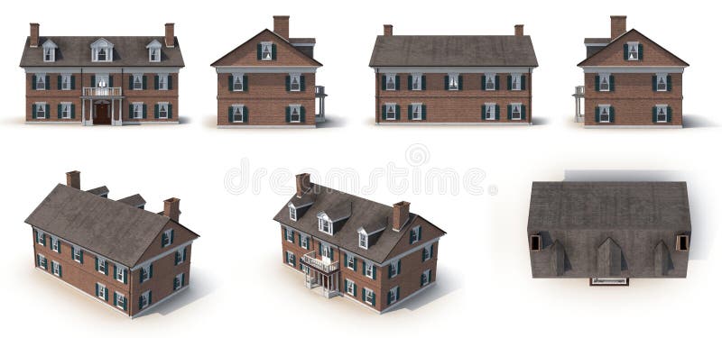 Red Brick Colonial Architecture Style Renders Set from Different Angles ...