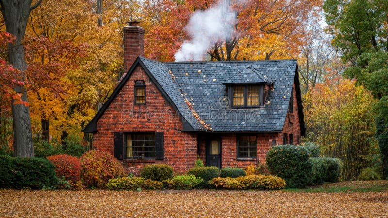A Red Brick Cottage Nestled in Autumnal Foliage Stock Illustration ...