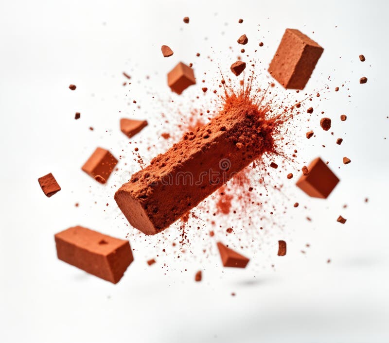 Red Brick Explodes into Fragments. Pieces Fly through Air Against White ...