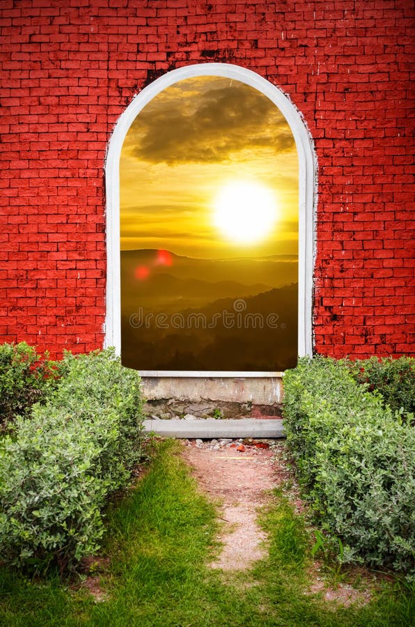 Red Brick Gate Sunset on the Mountain Stock Photo - Image of ...