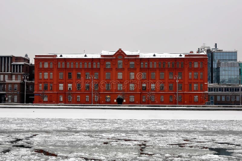 Red Brick House on the Bank of a Winter River. Stock Photo - Image of ...