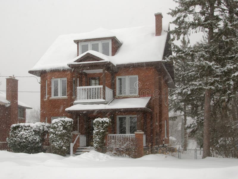 Red Brick House in Blizzard Stock Photo - Image of chimney, overcast ...