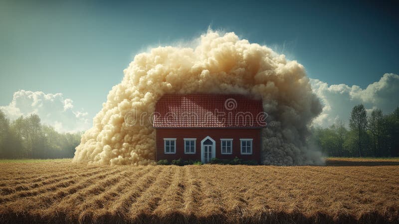 Red Brick House Collapsing Under Tan Dust Cloud in Field Stock ...