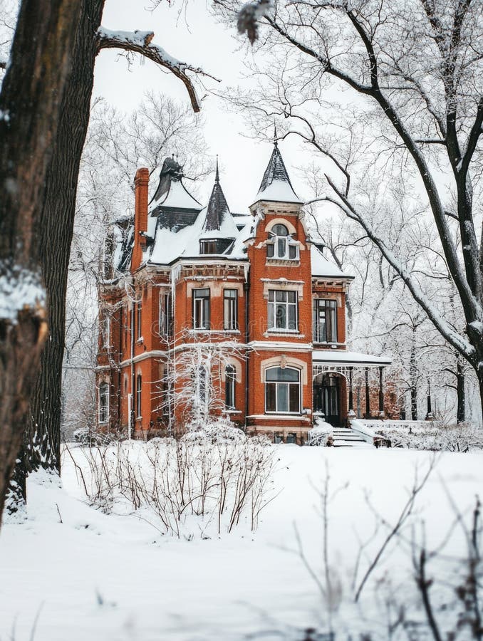 Red Brick House in Snow stock image. Image of countryside - 379400423