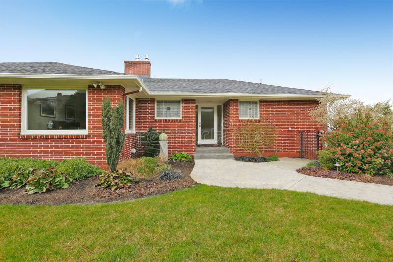 Red Brick House with Tile Roof. Front View Stock Photo - Image of ...