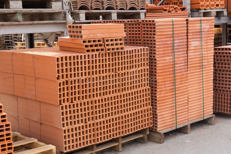 Pallets with Stack of Redbricks Lying at Warehouse Stock Photo - Image ...