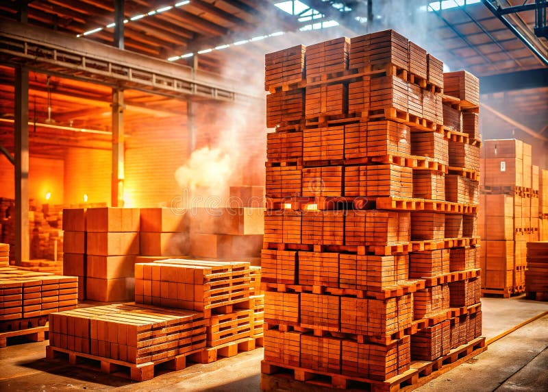 Red Brick Production Stacks of Clay Bricks on Pallets in a Modern Brick ...