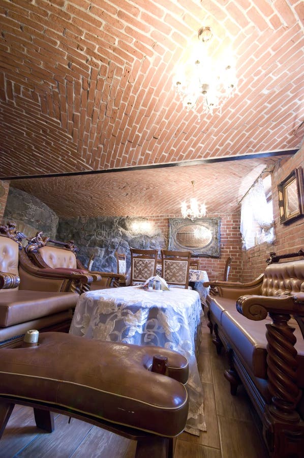 Red brick restaurant stock image. Image of lamp, deserted - 5101003