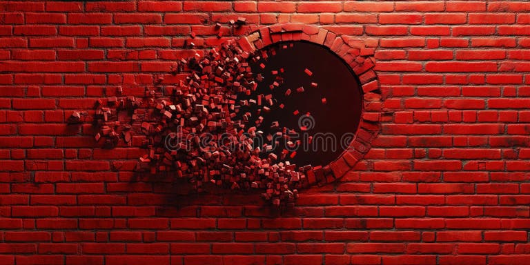 Red Brick Wall with Circular Hole and Debris Bursting Outward in ...