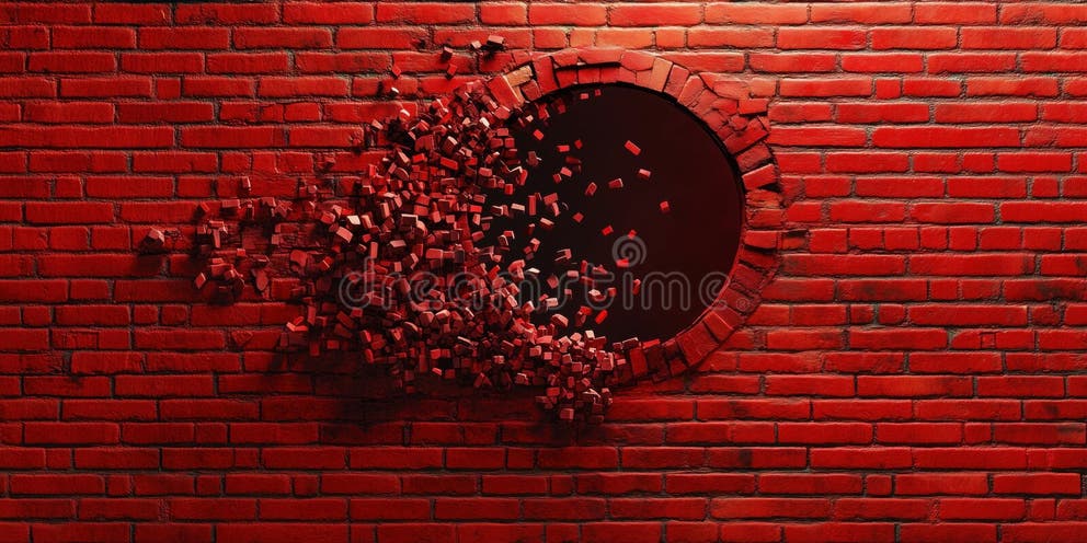 Red Brick Wall with Circular Hole and Debris Bursting Outward in ...