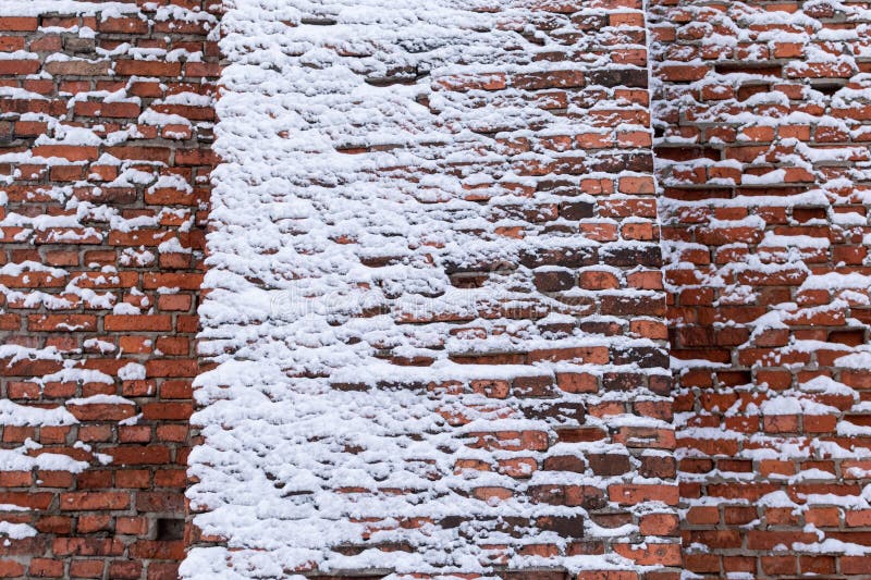 Red Brick Wall Covered with White Snow Stock Image - Image of ...