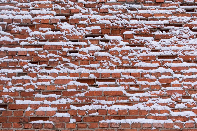 Red Brick Wall Covered with White Snow Stock Image - Image of outdoor ...