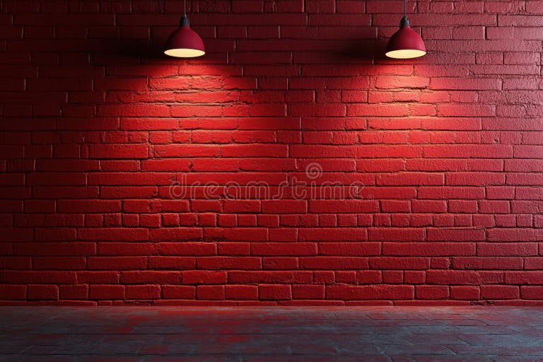 Red Brick Wall Illuminated by Pendant Lights Dramatic Lighting Dark ...