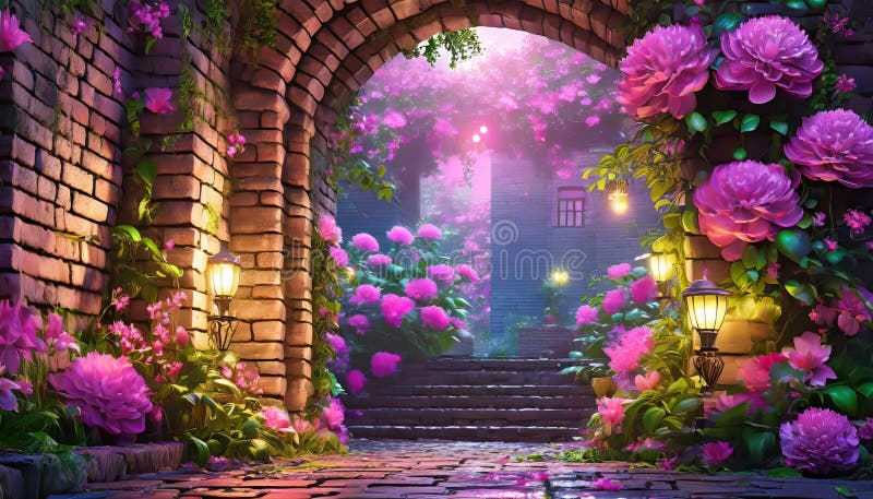 Red Brick Wall with Pink Roses Romantic Background Stock Illustration ...