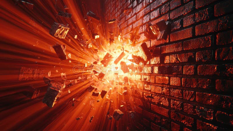 Red Brick Wall Shattering with an Intense Burst of Light. Stock ...