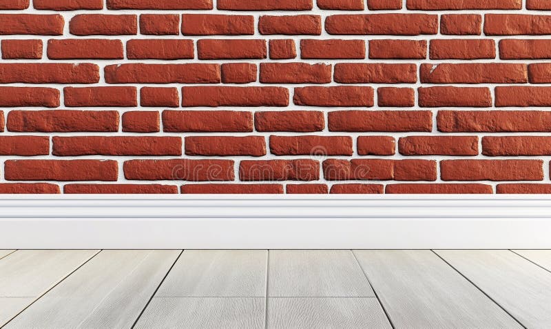 Red Brick Wall Texture with White Baseboard and Wooden Floor Design ...