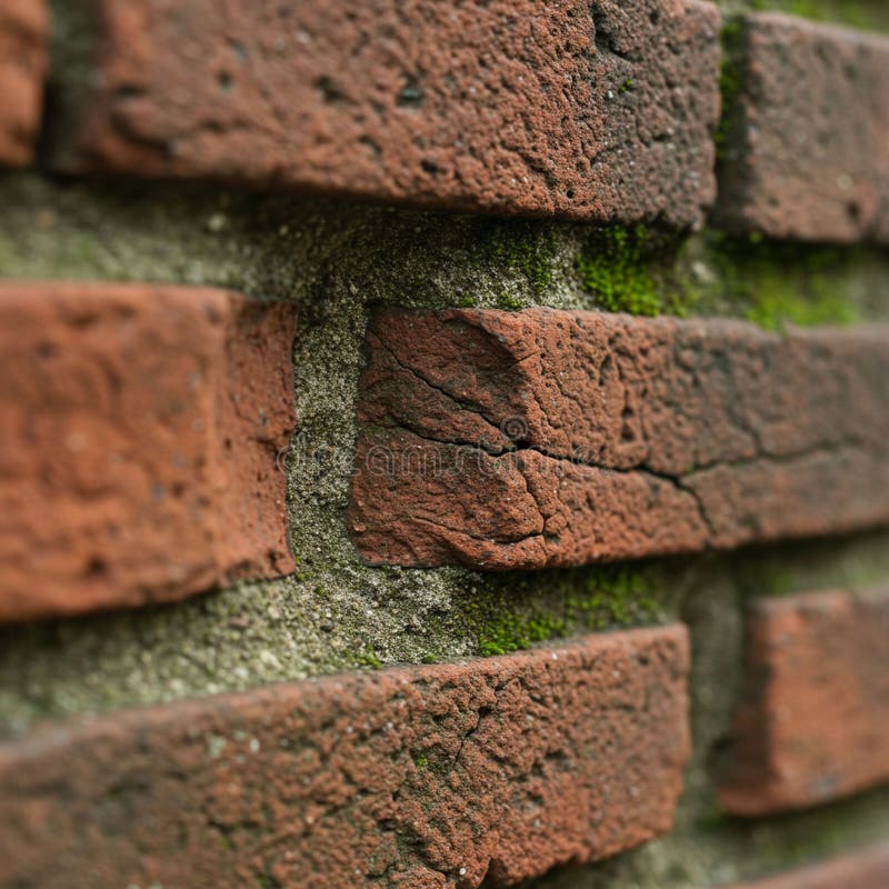 Red Brick Wall with Visible Cracks and Rough Texture. Green Moss Grows ...