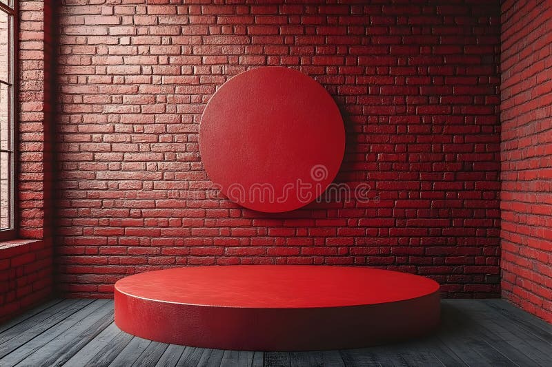Minimalist Red Brick Interior with Circular Platform and Oval Artwork ...