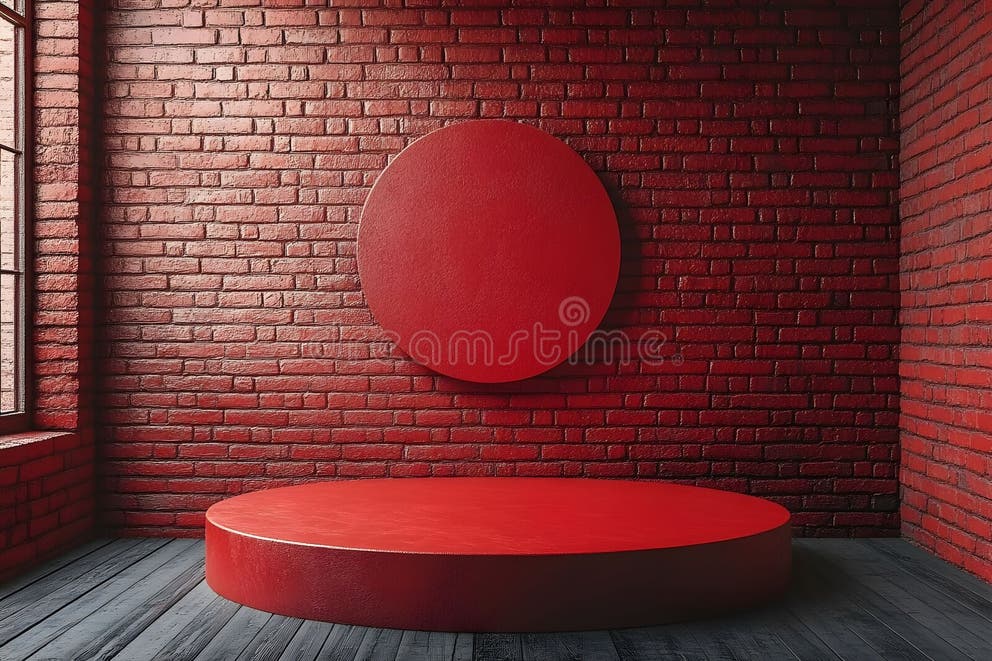 Minimalist Red Brick Interior with Circular Platform and Oval Artwork ...