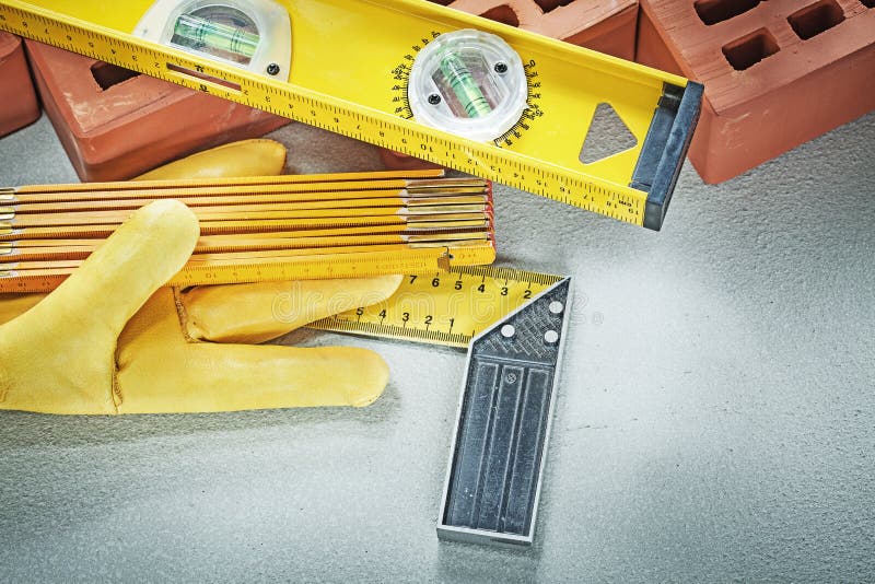 Red Bricks Construction Level Wooden Meter Square Ruler on Concr Stock ...