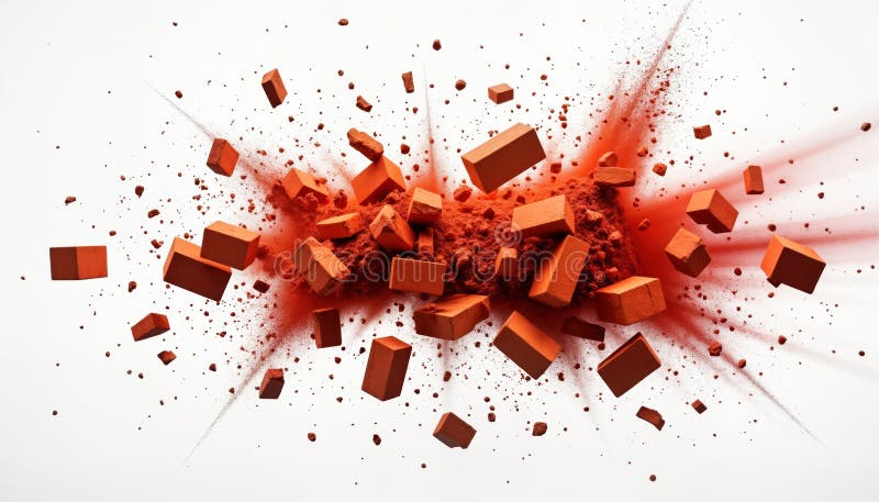 Red Bricks Explode, Shatter Creating Powder Effect. Pieces Fly in ...