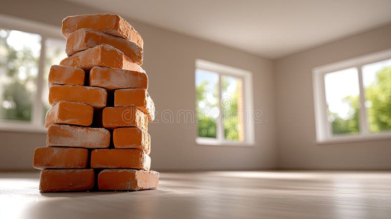 Red Bricks are Stacked on the Floor of a Spacious, Unfinished Room with ...