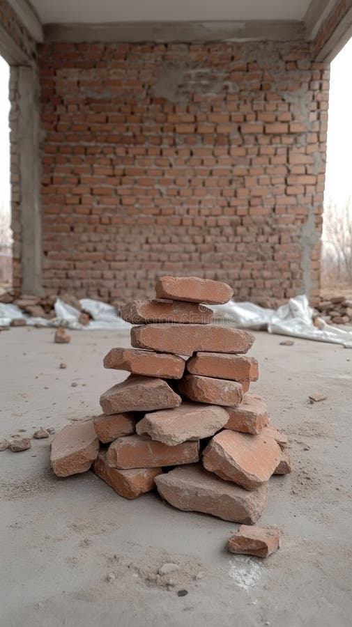 Red Bricks are Stacked on the Floor of a Spacious, Unfinished Room with ...
