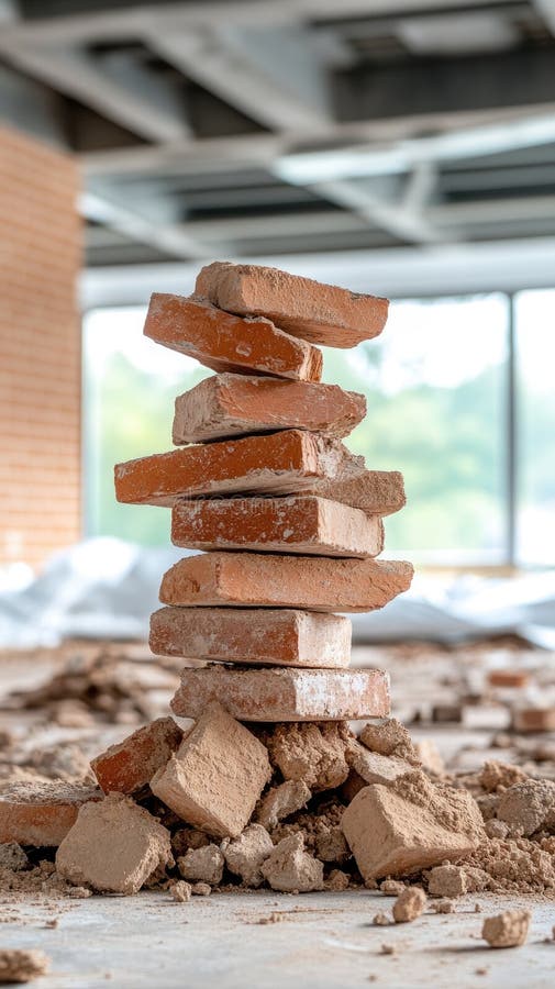 Red Bricks are Stacked on the Floor of a Spacious, Unfinished Room with ...