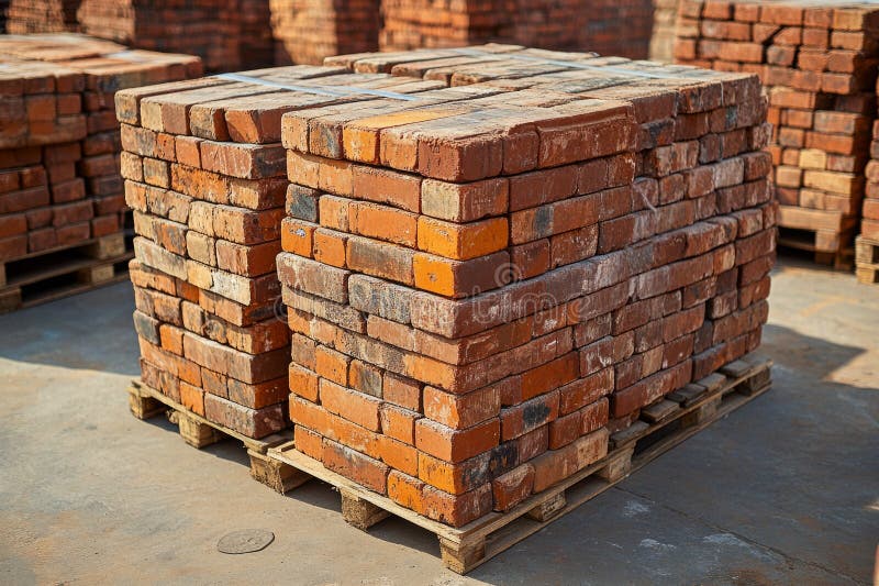 Red Bricks Stacked and Placed on a Wooden Pallet, Ready for Transport ...