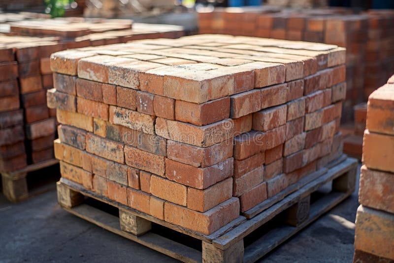 Red Bricks Stacked and Placed on a Wooden Pallet, Ready for Transport ...