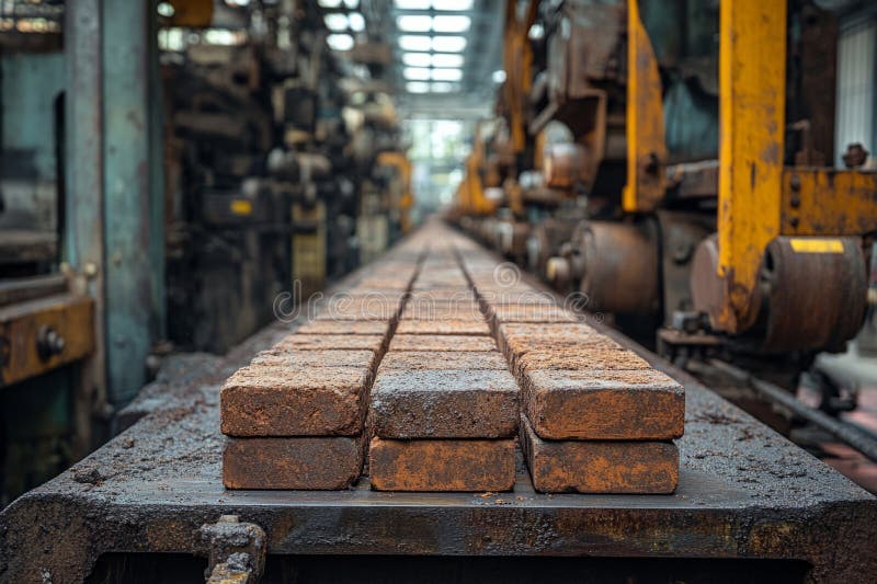 Red Bricks Transported on a Conveyor Belt Inside a Brick Factory ...