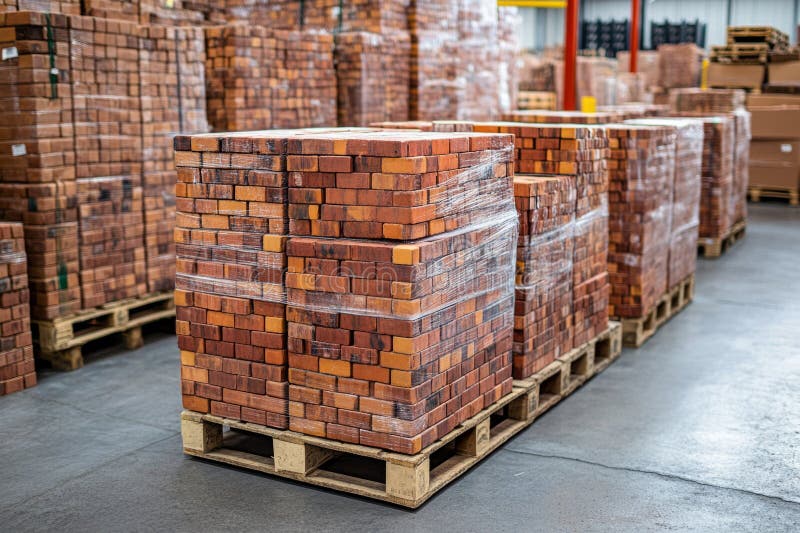 Red Bricks Wrapped in Plastic Sitting on Wooden Pallets Inside a ...