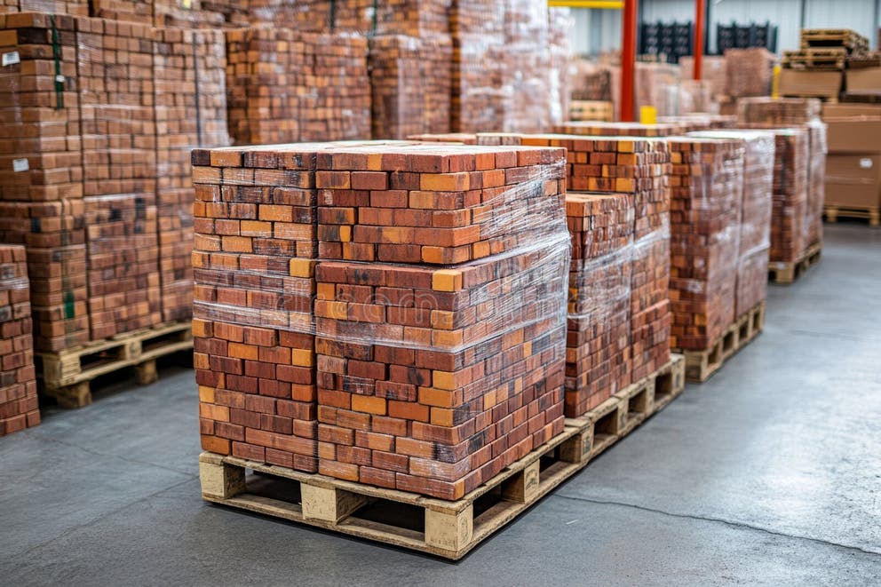 Red Bricks Wrapped in Plastic Sitting on Wooden Pallets Inside a ...