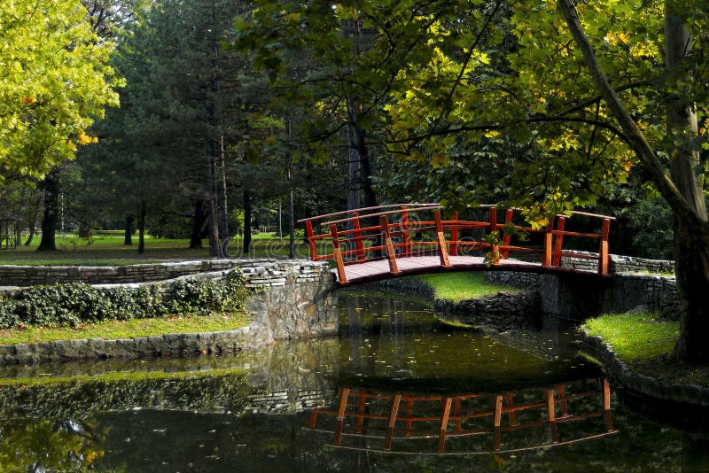 Red bridge stock image. Image of walk, park, autumn, forest - 1466091