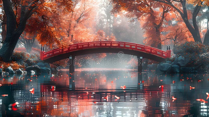 Red Bridge in Autumn Forest 3D Illustration Stock Illustration ...