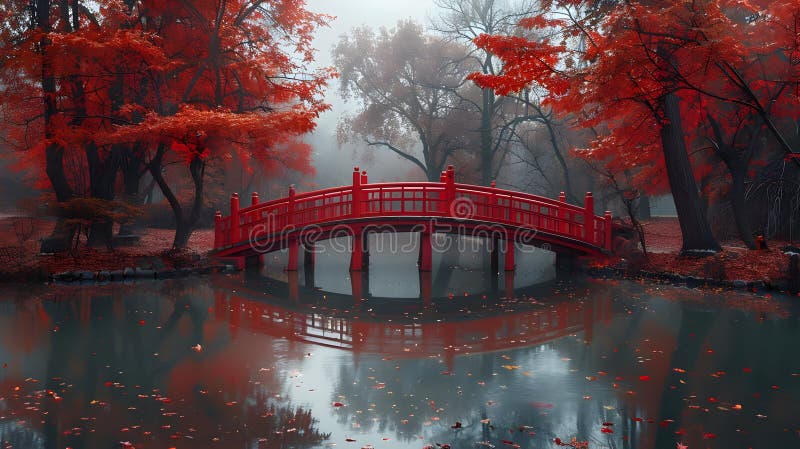 Red Bridge in Autumn Forest Landscape - Illustration Stock Illustration ...