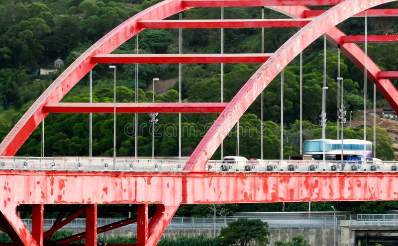 Red bridge with cars stock photo. Image of automobile - 11186986