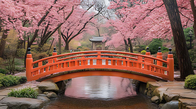Red Bridge, Cherry Blossoms, Japanese Garden, Spring, Calm Stock ...