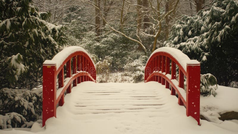 Red Bridge Covered in Snow Winter Landscape Scene Stock Illustration ...