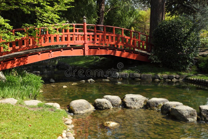Red bridge in Japan stock image. Image of sunny, stones - 95978437