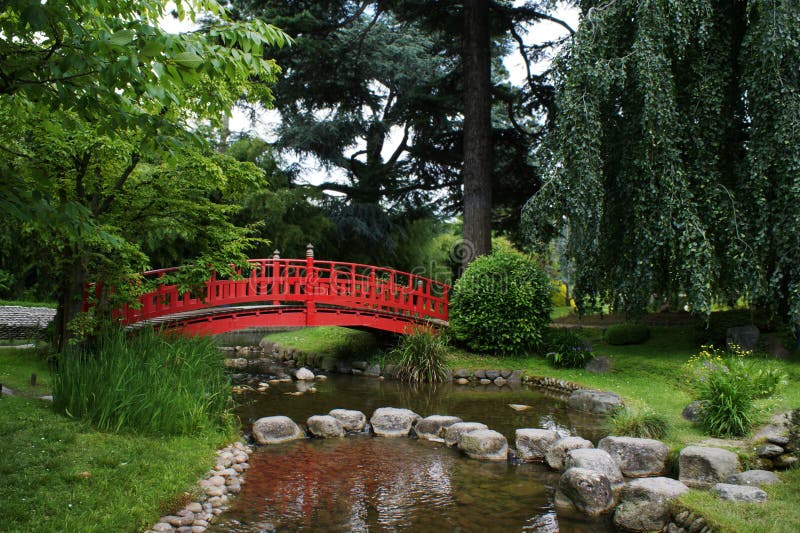 Red Bridge in a Japanese Garden Stock Image - Image of outdoor, grass ...