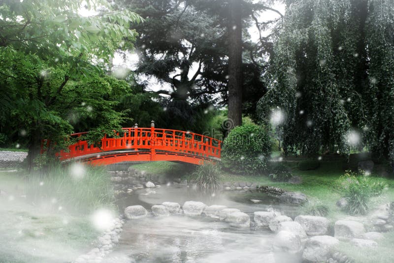 Red Bridge in a Japanese Garden Stock Image - Image of outdoor, grass ...