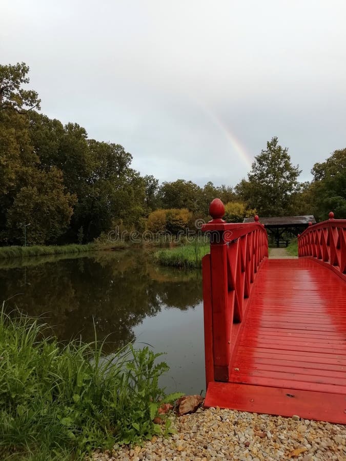 A red bridge on the lake. stock image. Image of park - 274021379