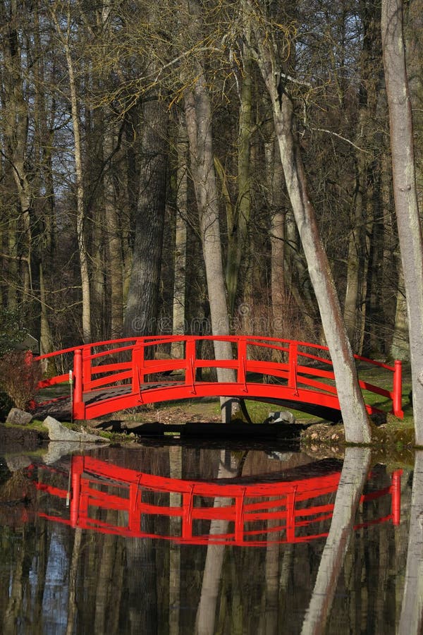 Red Bridge Lake in Japanese Spring Garden in Japanese Style Stock Photo ...